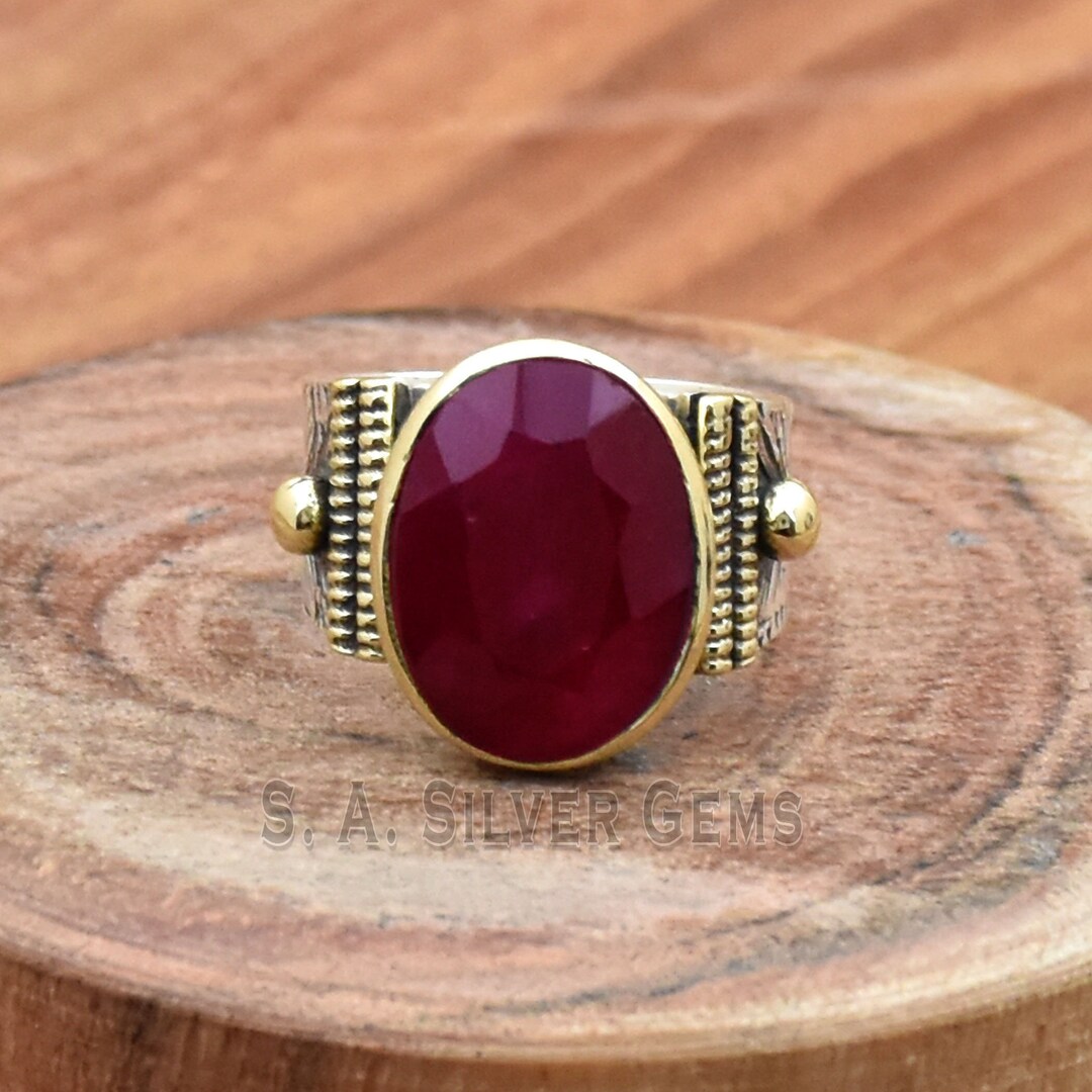 Indian Ruby Ring Wide Band Two Tone Ring 925 Sterling Silver - Etsy