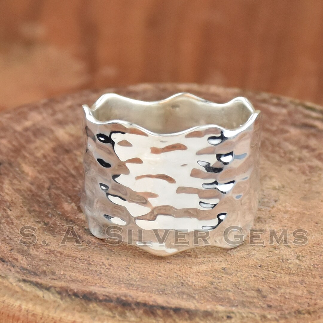 Hammered 925 Sterling Silver Ring: Wide Waving Band, Handmade - Etsy