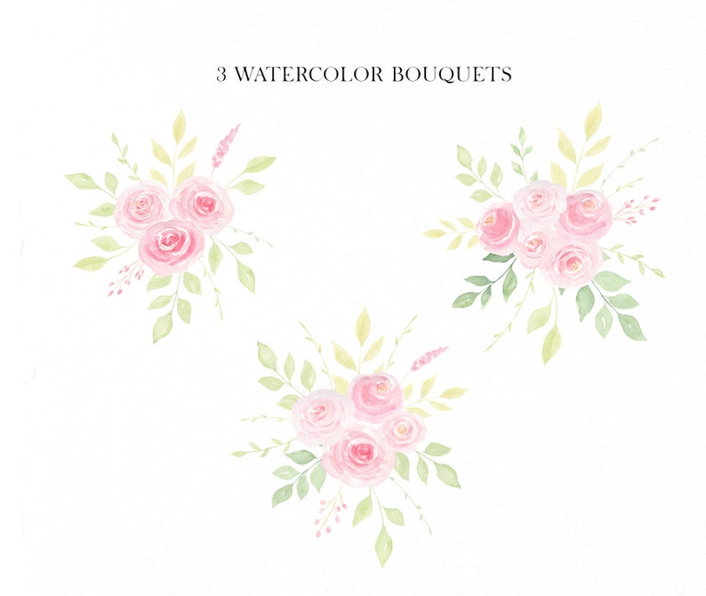 Pink Blush Roses Watercolor Floral Clipart, Watercolor Wedding Bouquets ...