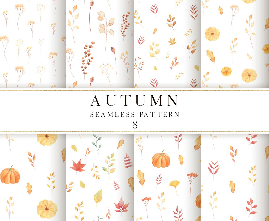 Fall Watercolor Digital Paper, Autumn Dried Leaves Pumpkins Digital ...