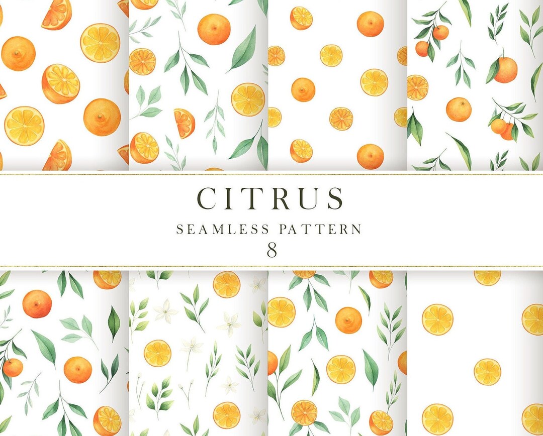 Watercolor Orange Digital Paper, Summer Citrus Greenery Seamless ...