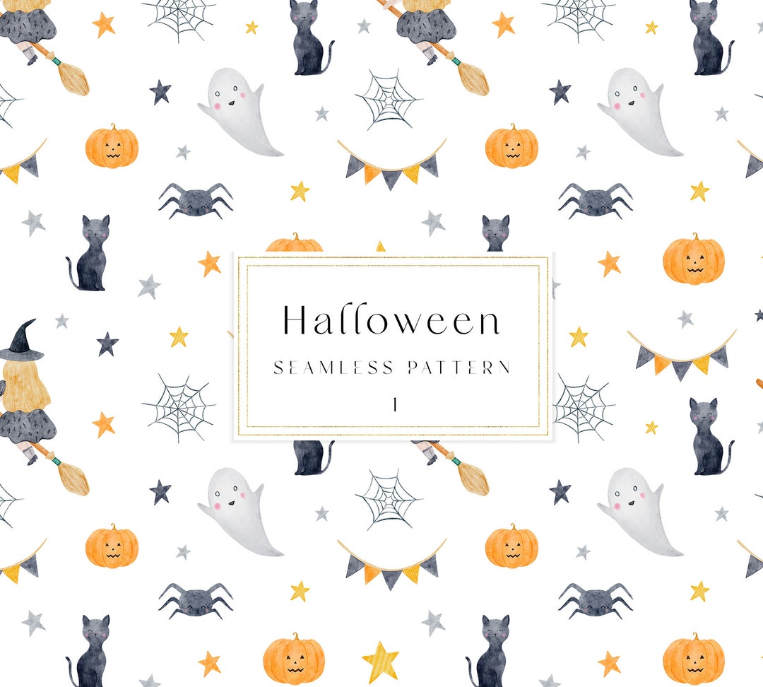 Halloween Digital Paper Watercolor, Cute Witch Seamless Pattern, Trick ...