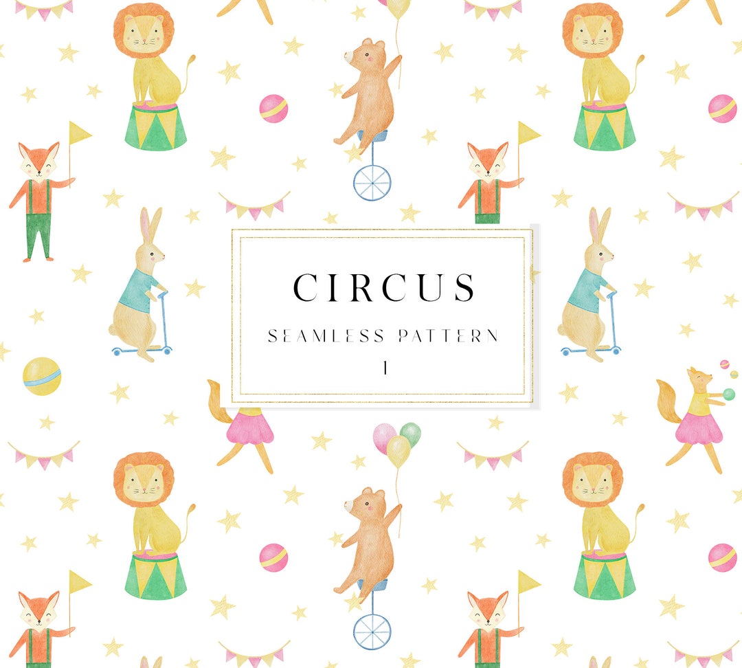 Circus Animals Digital Paper, Cute Lion Watercolor Seamless Paper, Baby ...