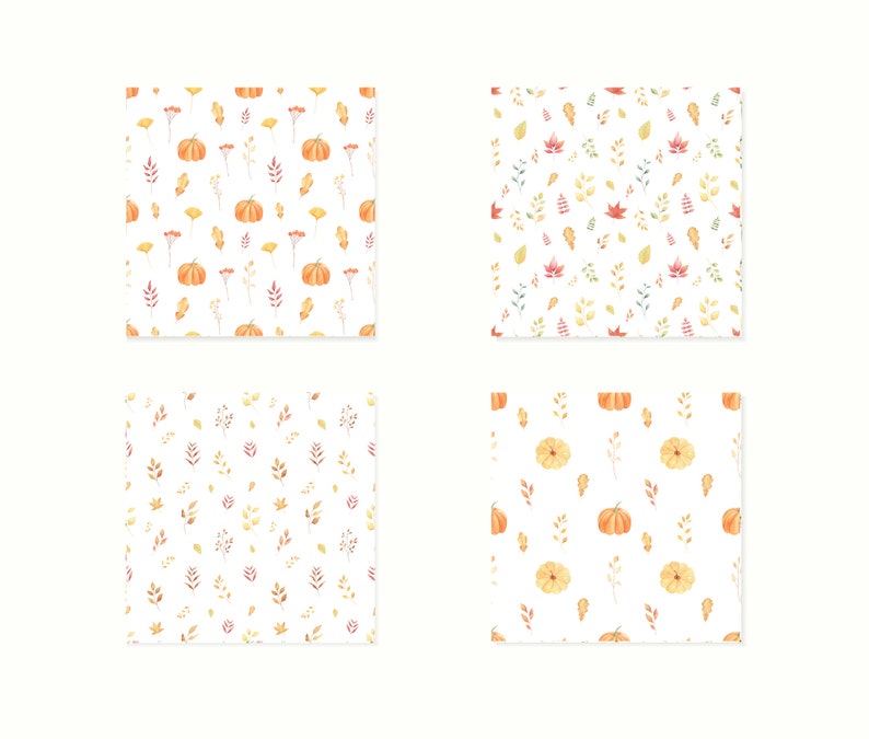 Fall Watercolor Digital Paper, Autumn Dried Leaves Pumpkins Digital ...
