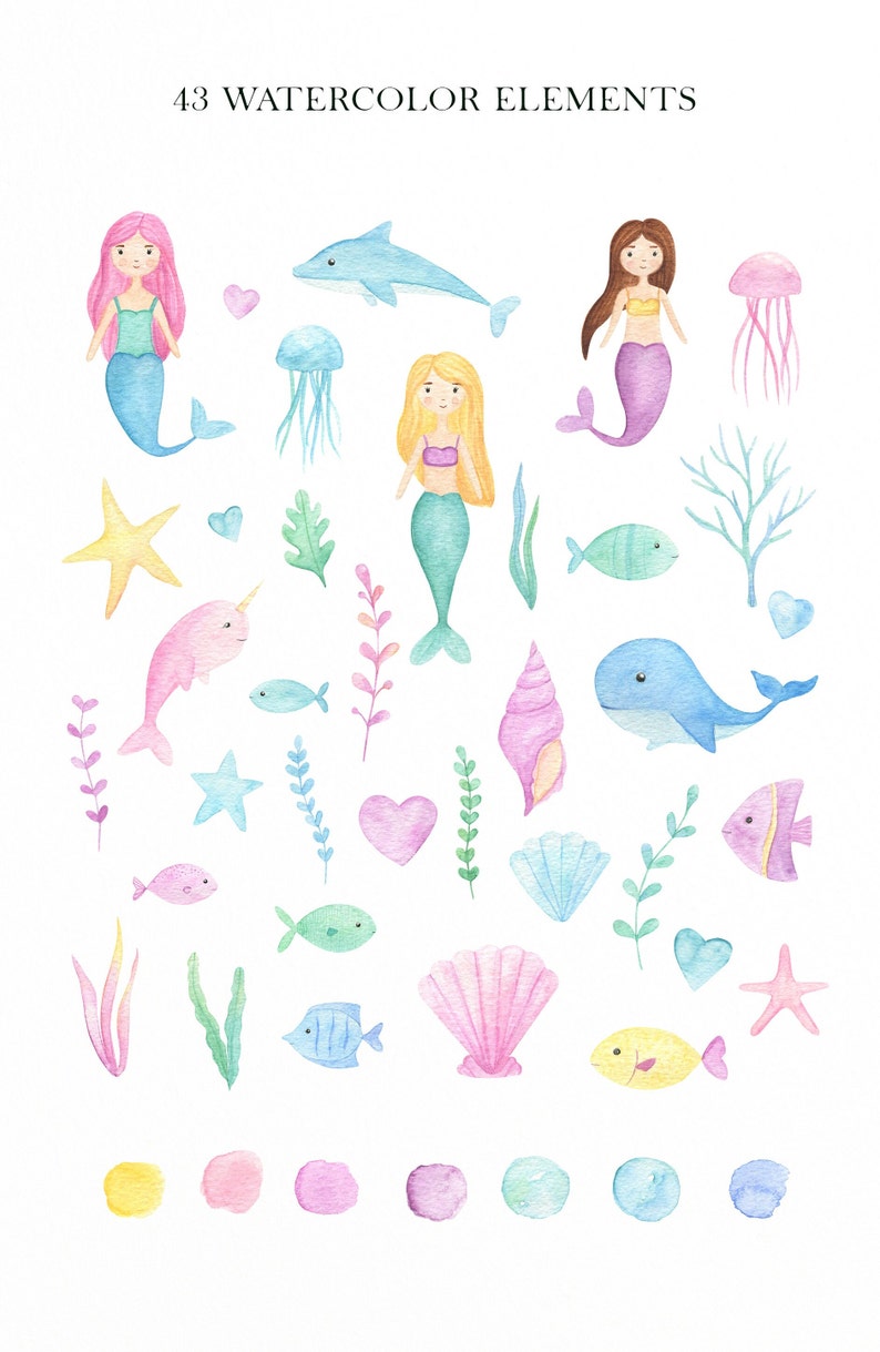 Watercolor Under the Sea Clipart, Mermaids Png, Nautical Clip Art, Baby ...