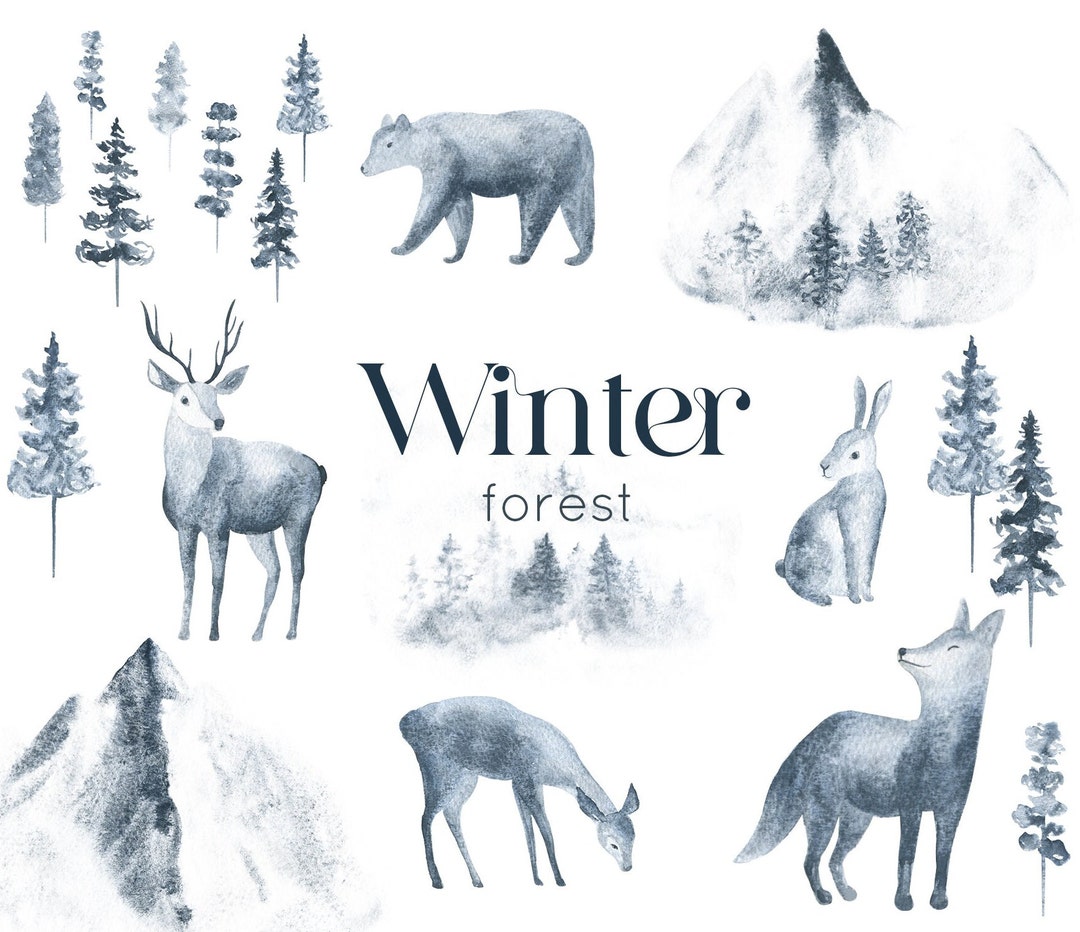 Woodland Winter Watercolor Animals Clipart, Foggy Forest Trees Mountain ...