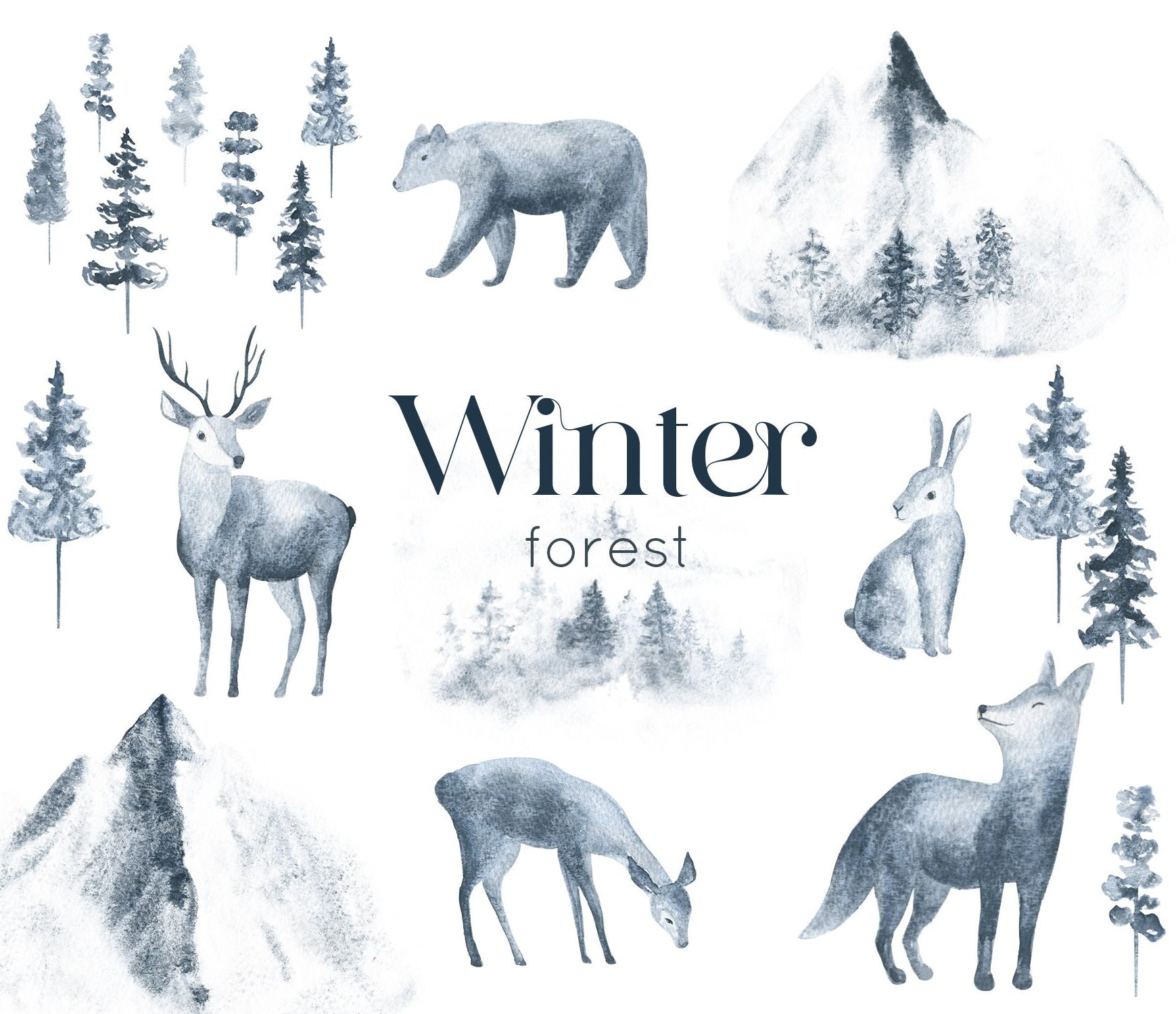 Woodland Winter Watercolor Animals Clipart Foggy Forest Trees - Etsy