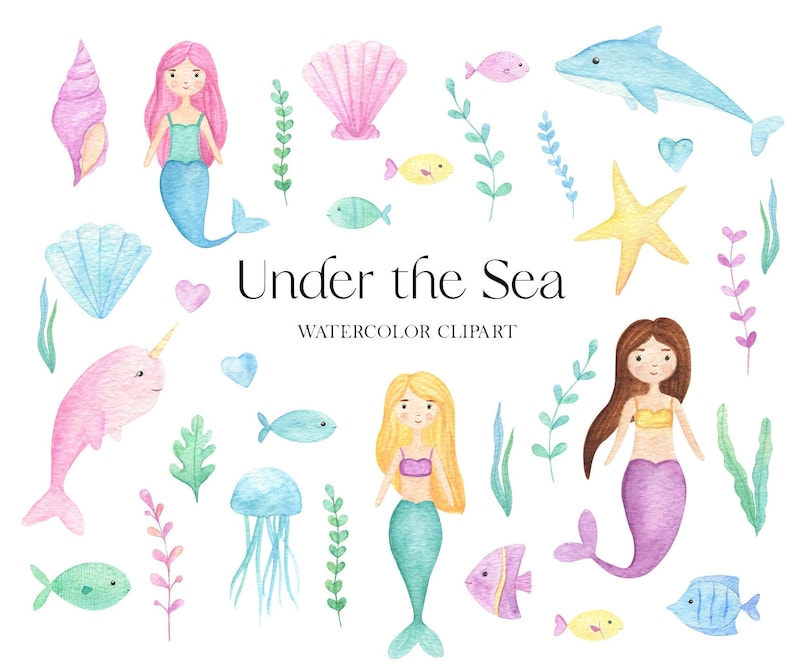 Watercolor Under the Sea Clipart, Mermaids Png, Nautical Clip Art, Baby ...