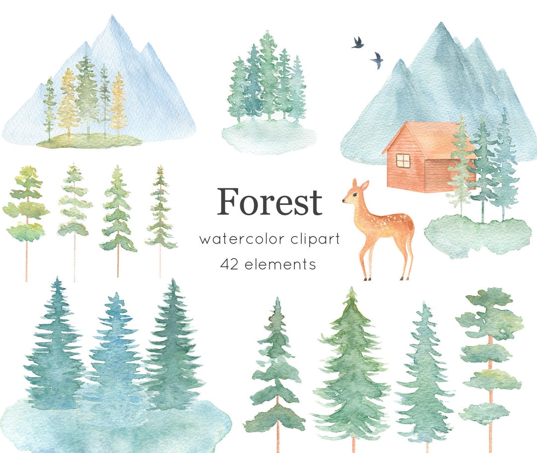 Forest Trees Watercolor Clipart, Pine Trees Mountain Watercolor Clipart ...