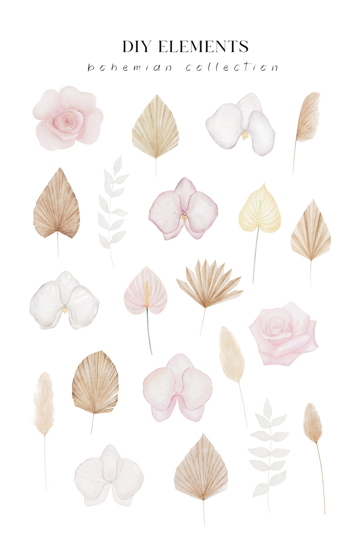Boho Floral Clipart Watercolor Bohemian Dried Leaves Flowers - Etsy