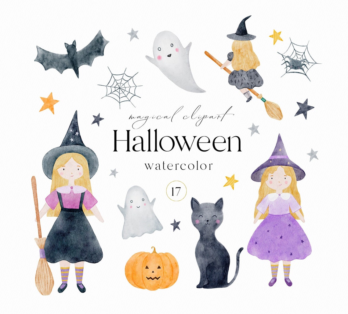 Halloween Watercolor Clipart, Cute Witch Halloween Clipart, Watercolor ...