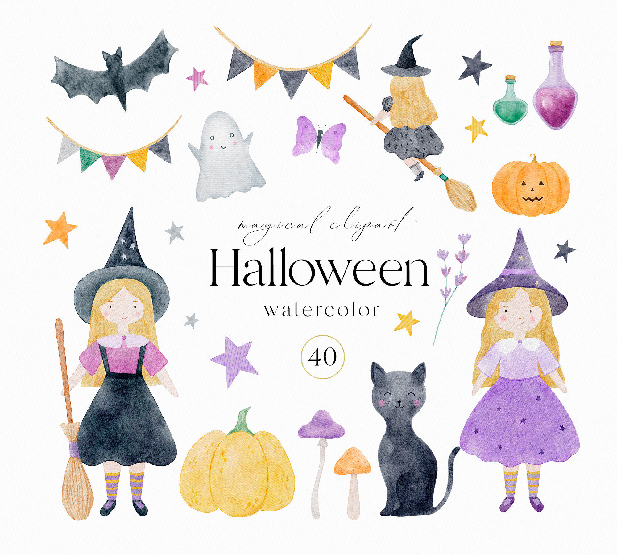 Halloween Watercolor Clipart, Cute Halloween Clipart, Watercolor Witch ...