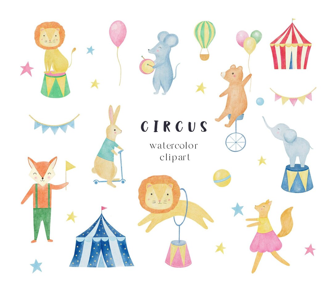 Watercolor Circus Clipart, Watercolor Animals Baby Clipart, Circus PNG ...