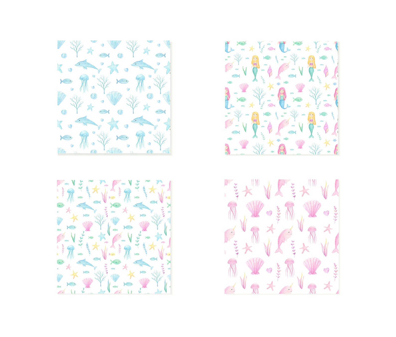 Nautical Watercolor Digital Paper, Mermaids Seamless Pattern, Ocean ...