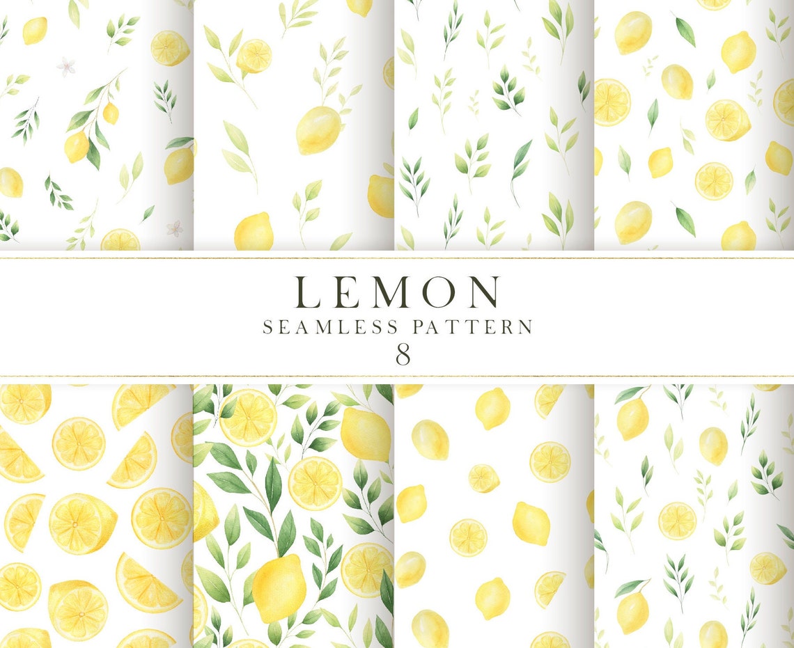 Watercolor Lemons Digital Paper, Summer Citrus Greenery Seamless ...