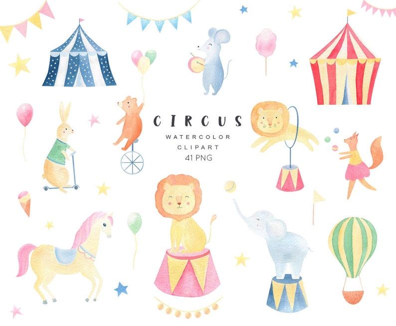 Watercolor Circus Clipart, Watercolor Animals Baby Clipart, Circus Png ...