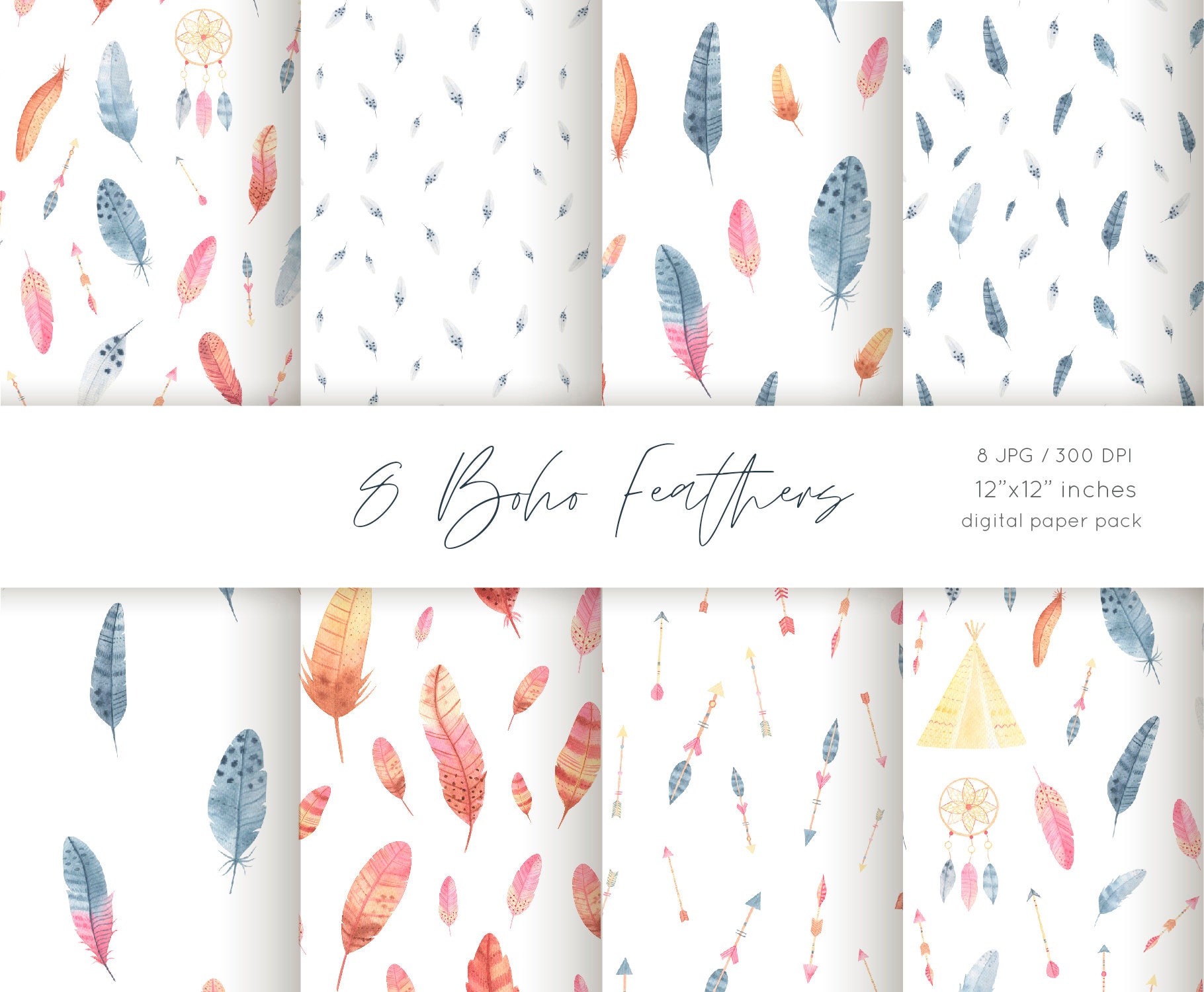 Boho Feather Watercolor Digital Paper, Watercolor Arrow Feathers Navajo ...