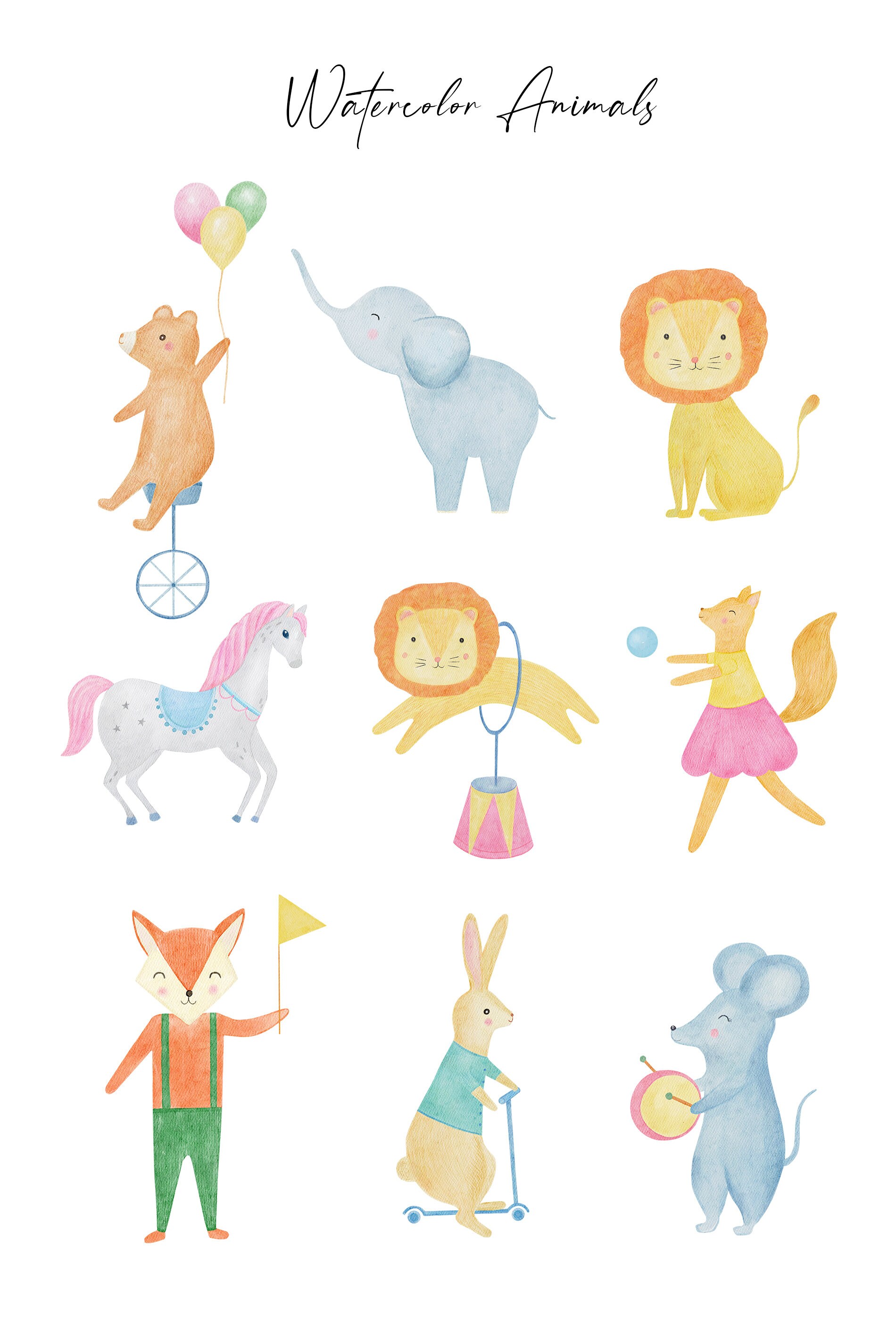 Watercolor Circus Clipart, Watercolor Animals Baby Clipart, Circus PNG ...