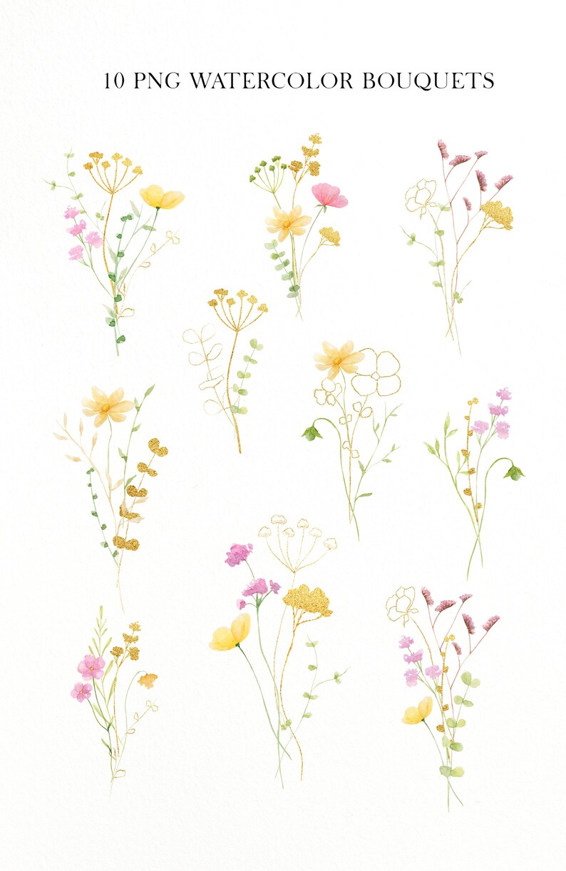 Summer Watercolor Floral Clipart, Wildflowers Clipart, Summer Floral ...