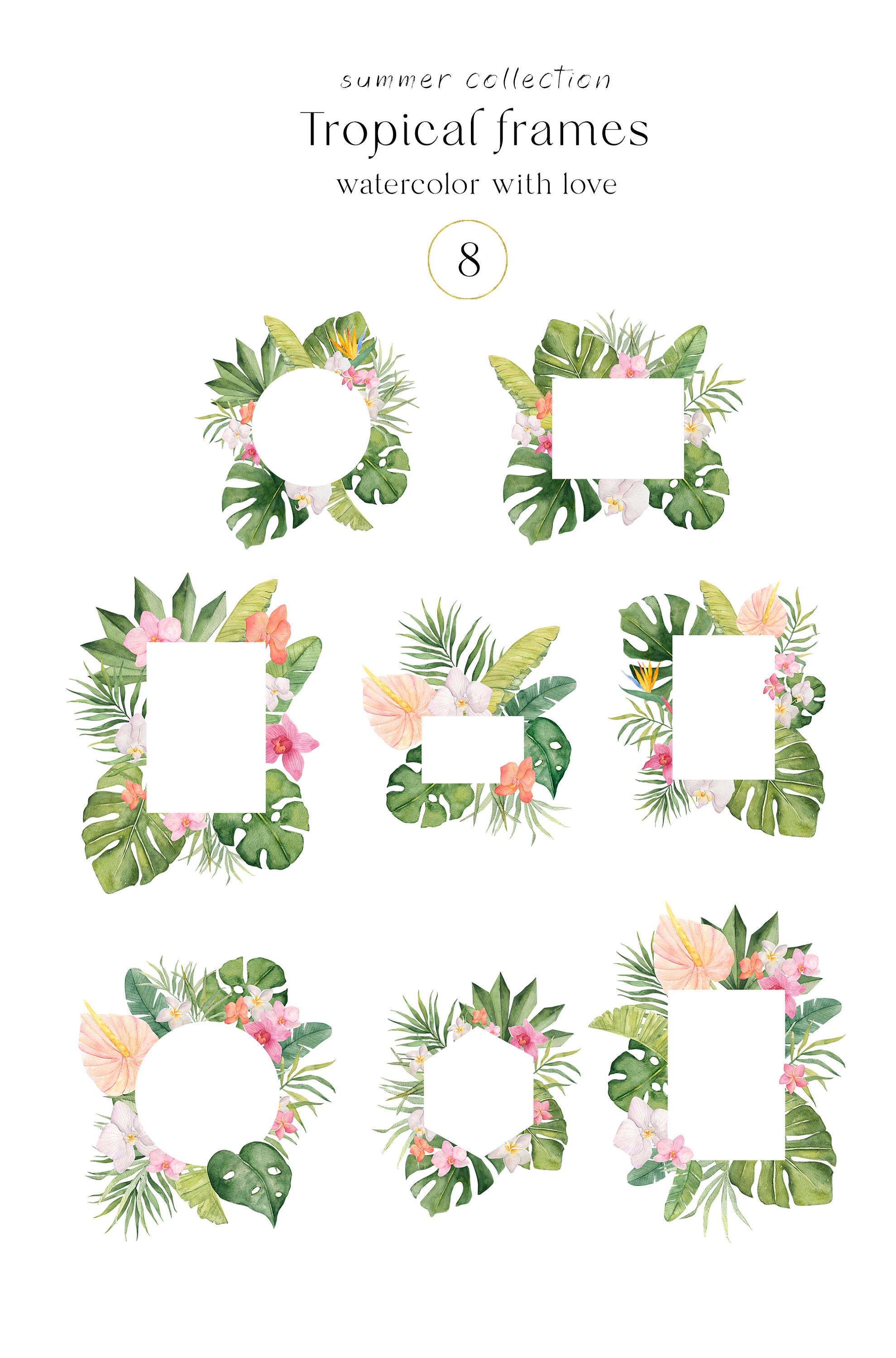 Tropical Watercolor Frames Clipart, Tropical Wedding, Tropical Floral ...