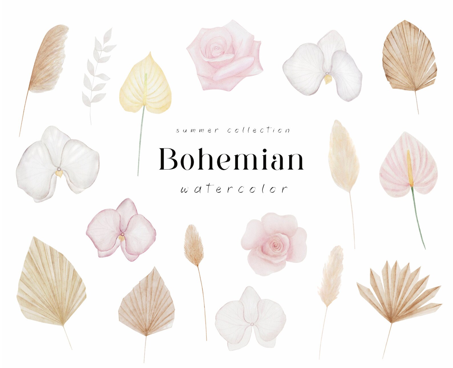 Boho Floral Clipart Watercolor, Bohemian Dried Leaves Flowers Clipart ...