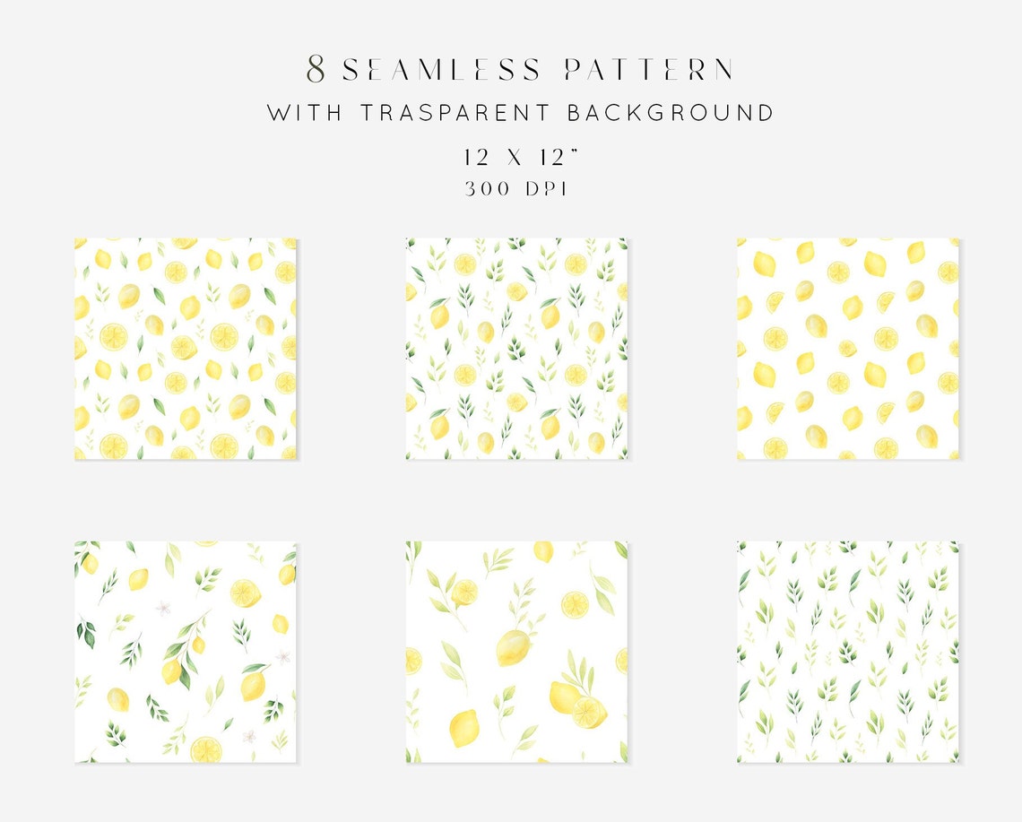 Watercolor Lemons Digital Paper, Summer Citrus Greenery Seamless ...