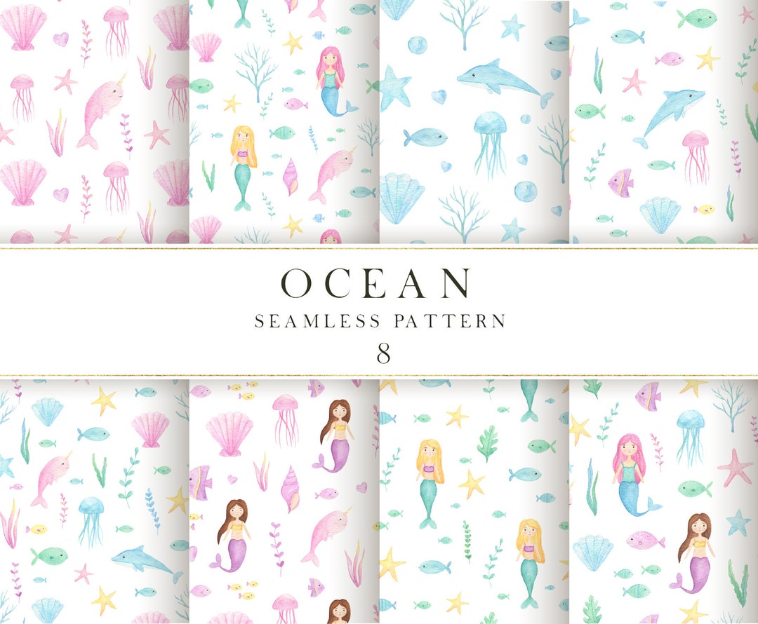 Nautical Watercolor Digital Paper, Mermaids Seamless Pattern, Ocean ...