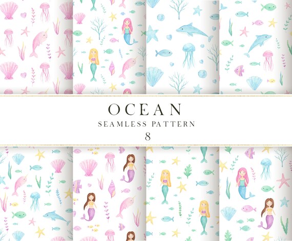 Nautical Watercolor Digital Paper Mermaids Seamless Pattern - Etsy