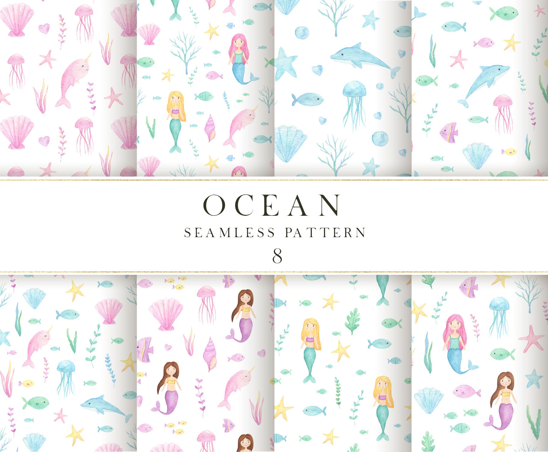 Nautical Watercolor Digital Paper, Mermaids Seamless Pattern, Ocean ...