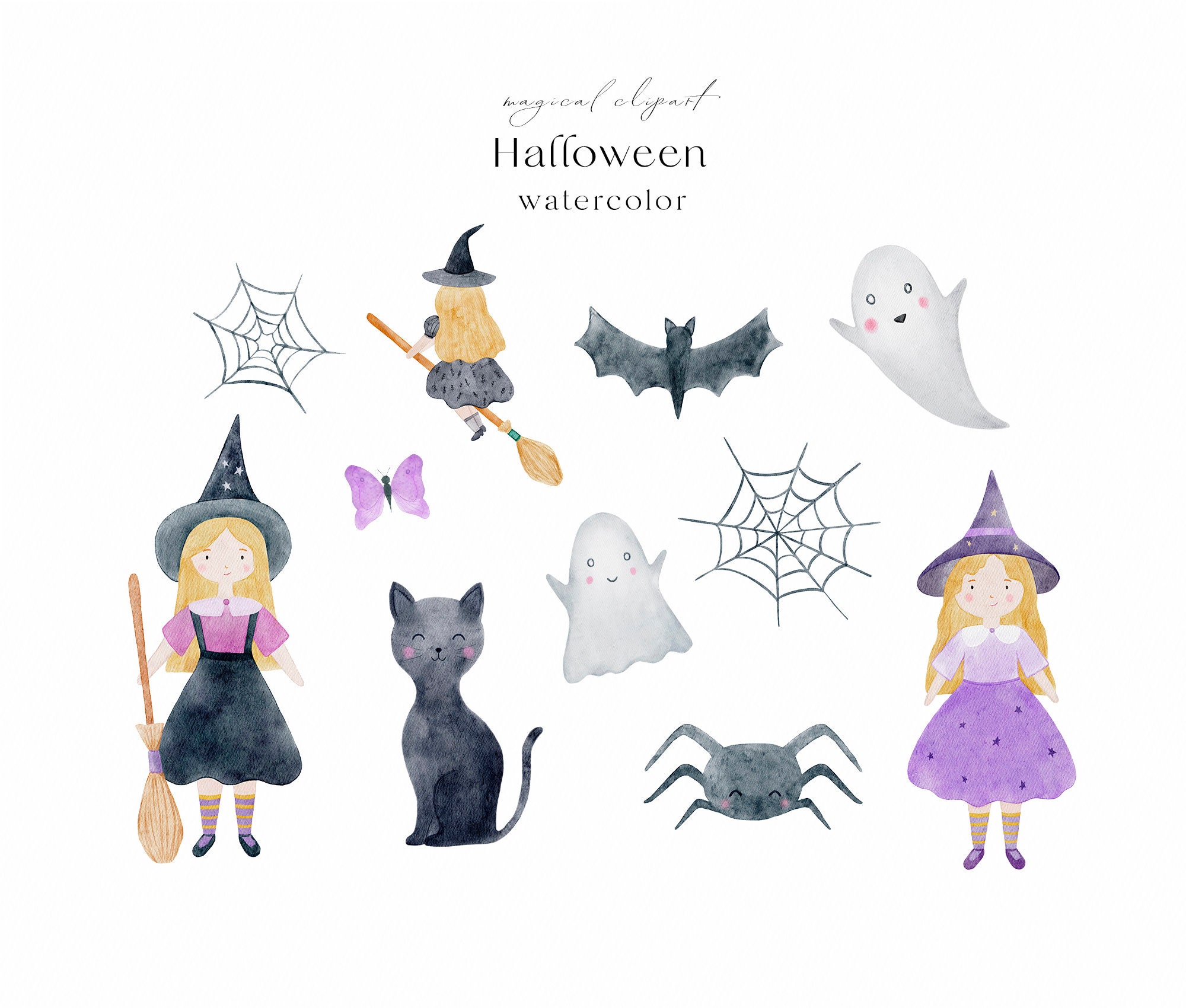Halloween Watercolor Clipart, Cute Halloween Clipart, Watercolor Witch ...