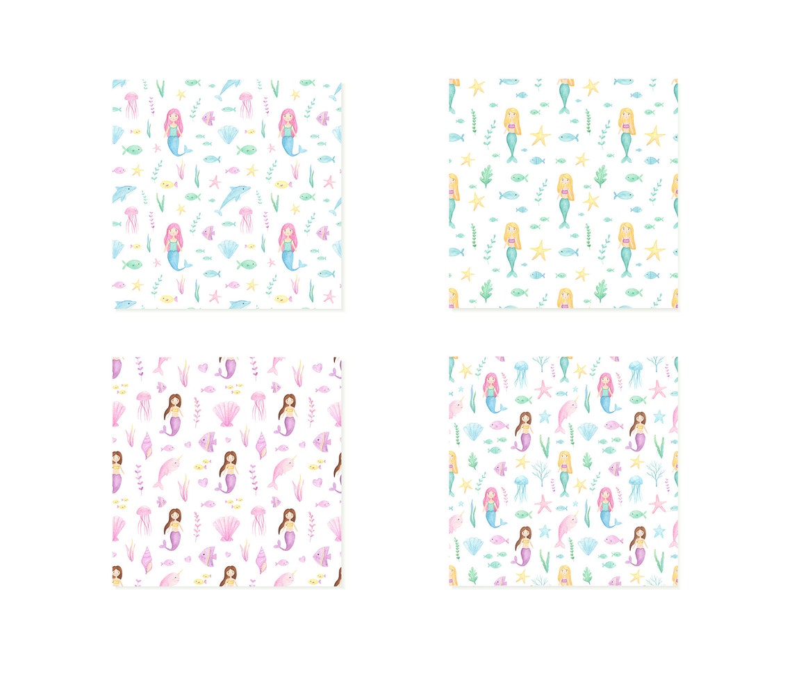 Nautical Watercolor Digital Paper Mermaids Seamless Pattern - Etsy