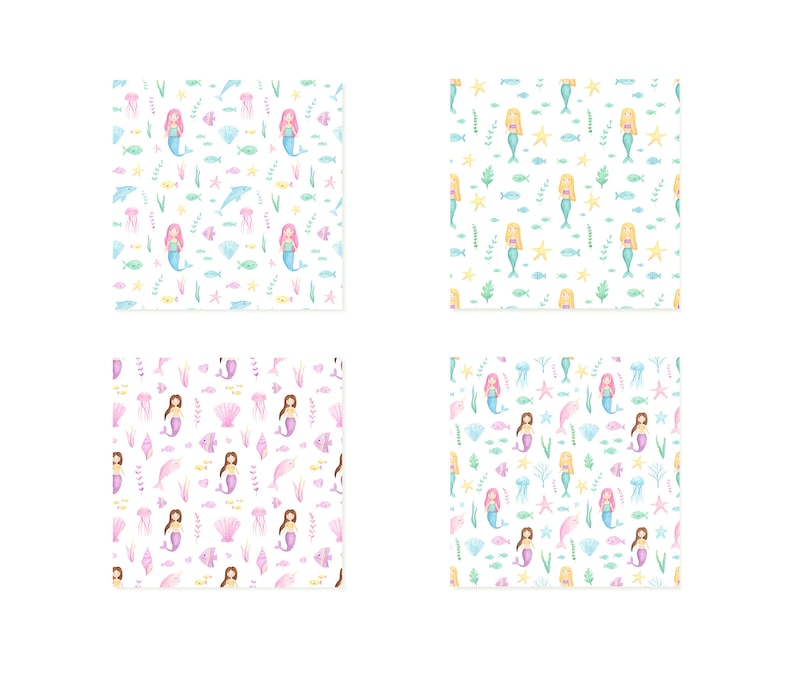 Nautical Watercolor Digital Paper, Mermaids Seamless Pattern, Ocean ...
