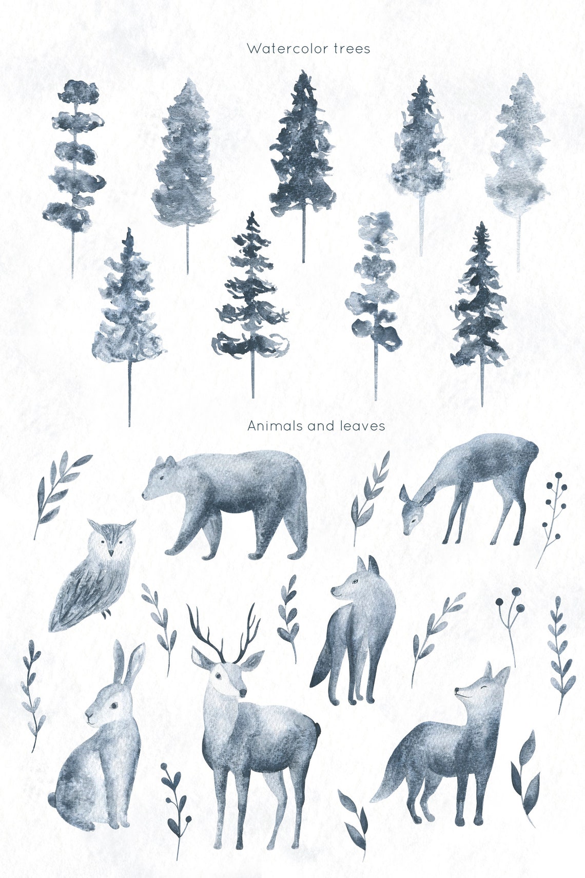 Woodland Winter Watercolor Animals Clipart Foggy Forest Trees - Etsy
