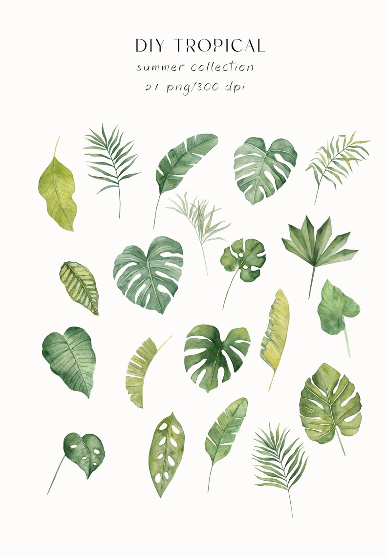 Tropical Greenery Watercolor Clipart, Watercolor Leaves Clipart, Summer ...