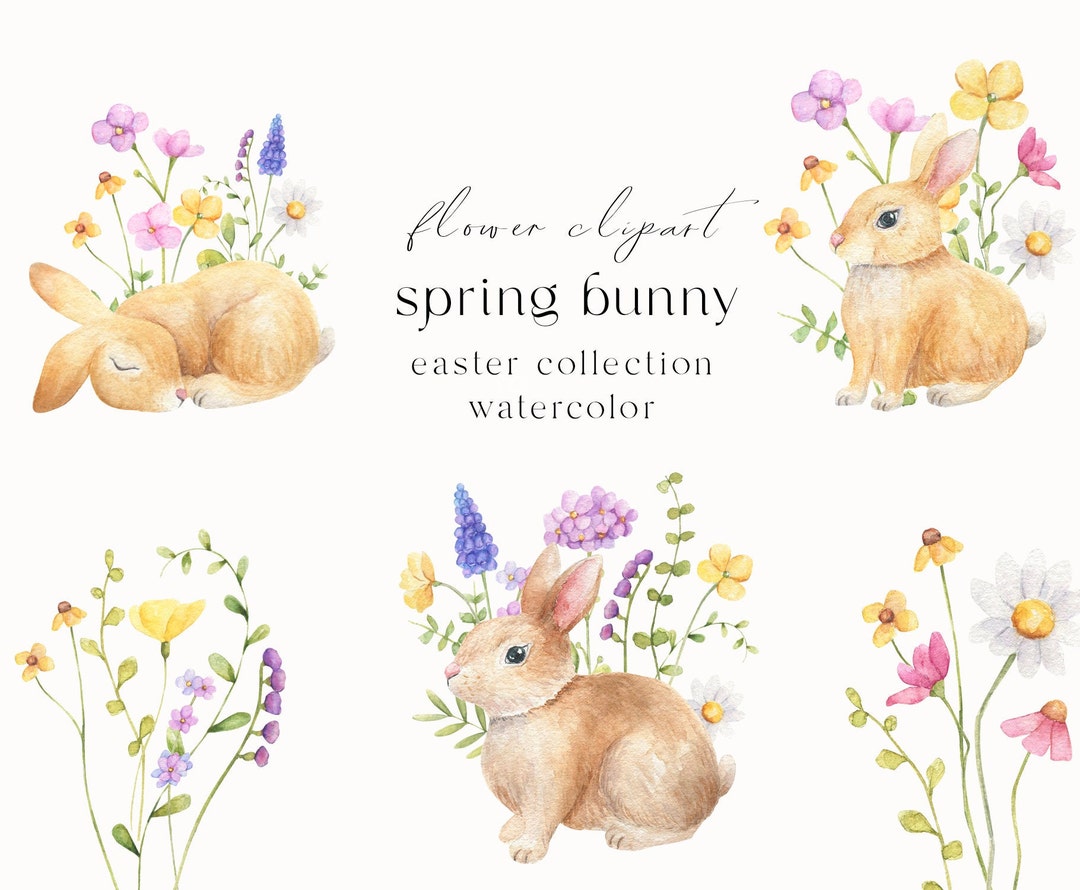 Spring Bunny Floral Watercolor, Clipart, Easter Rabbit Clipart, Spring ...