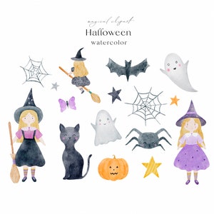 Halloween Watercolor Clipart, Cute Witch Halloween Clipart, Watercolor ...