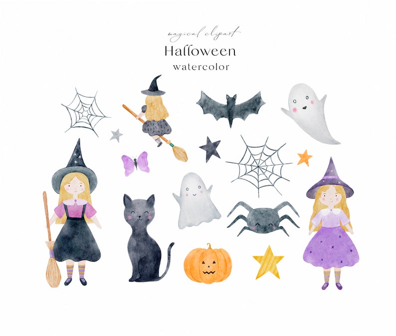 Halloween Watercolor Clipart, Cute Witch Halloween Clipart, Watercolor ...
