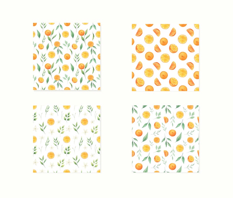 Watercolor Orange Digital Paper, Summer Citrus Greenery Seamless ...