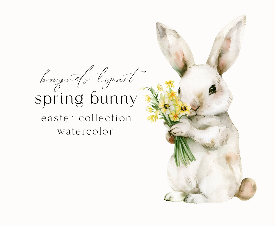 Easter Bunny Clipart Watercolor, Bunny With Flower Bouquets Clipart ...