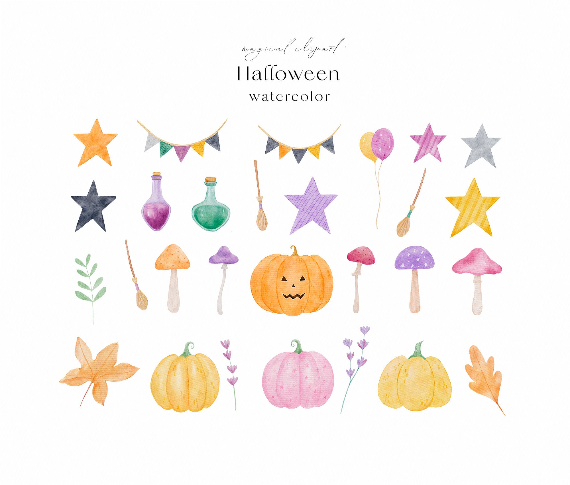 Halloween Watercolor Clipart, Cute Halloween Clipart, Watercolor Witch ...