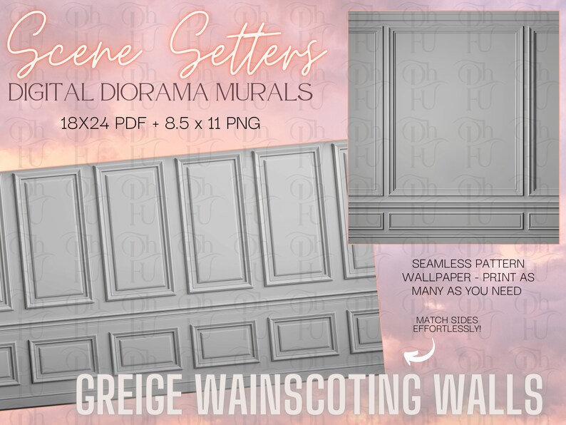 Scene Setters- Greige Wainscoting Walls- Doll Diorama Murals- Digital ...
