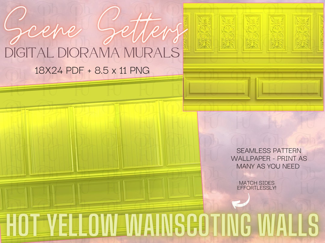 Scene Setters- Hot Yellow Wainscoting Walls- Doll Diorama Murals ...