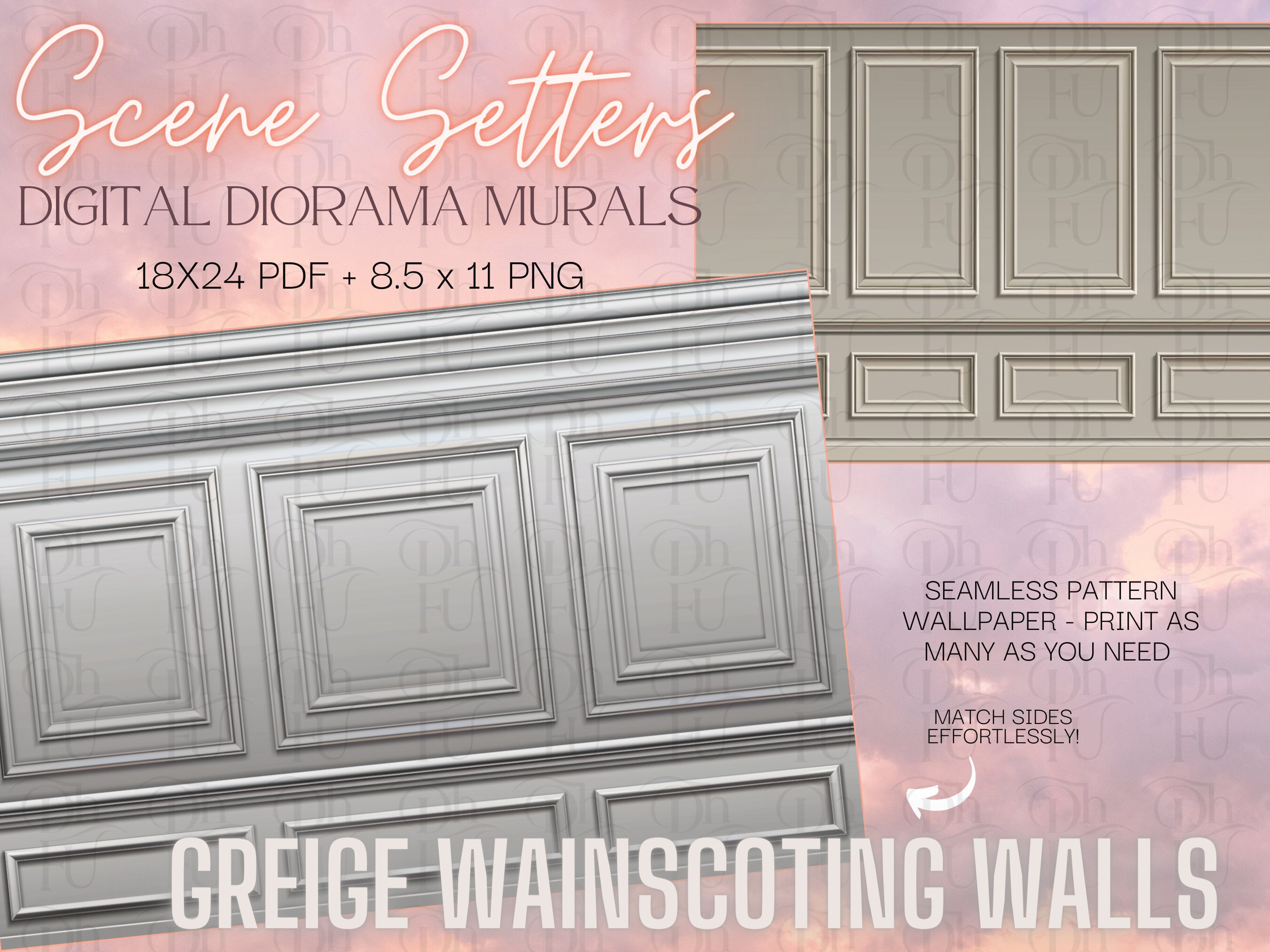 Scene Setters- Greige Wainscoting Walls- Doll Diorama Murals- Digital ...