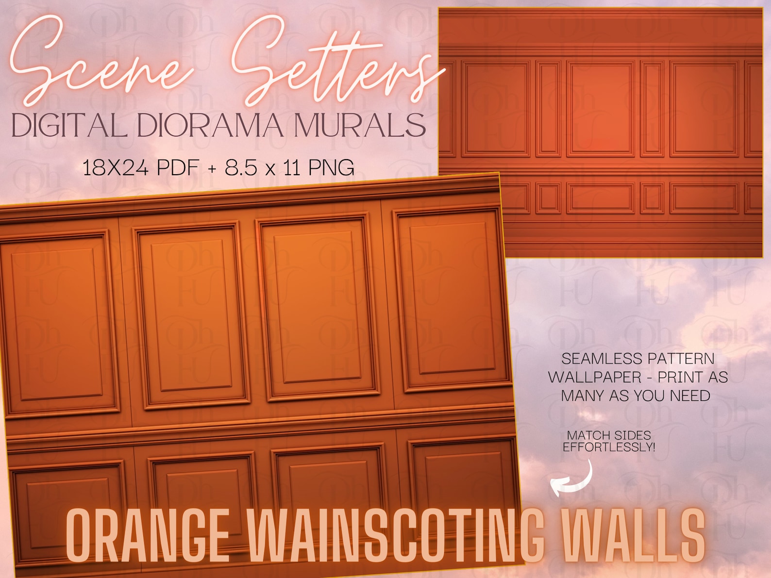 Scene Setters- Orange Wainscoting Walls- Doll Diorama Murals- Digital ...