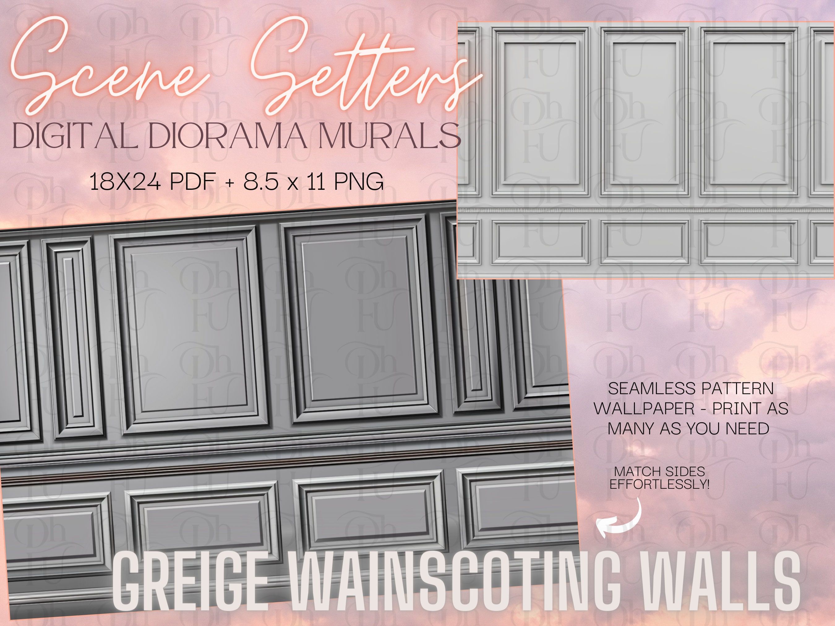 Scene Setters- Greige Wainscoting Walls- Doll Diorama Murals- Digital ...
