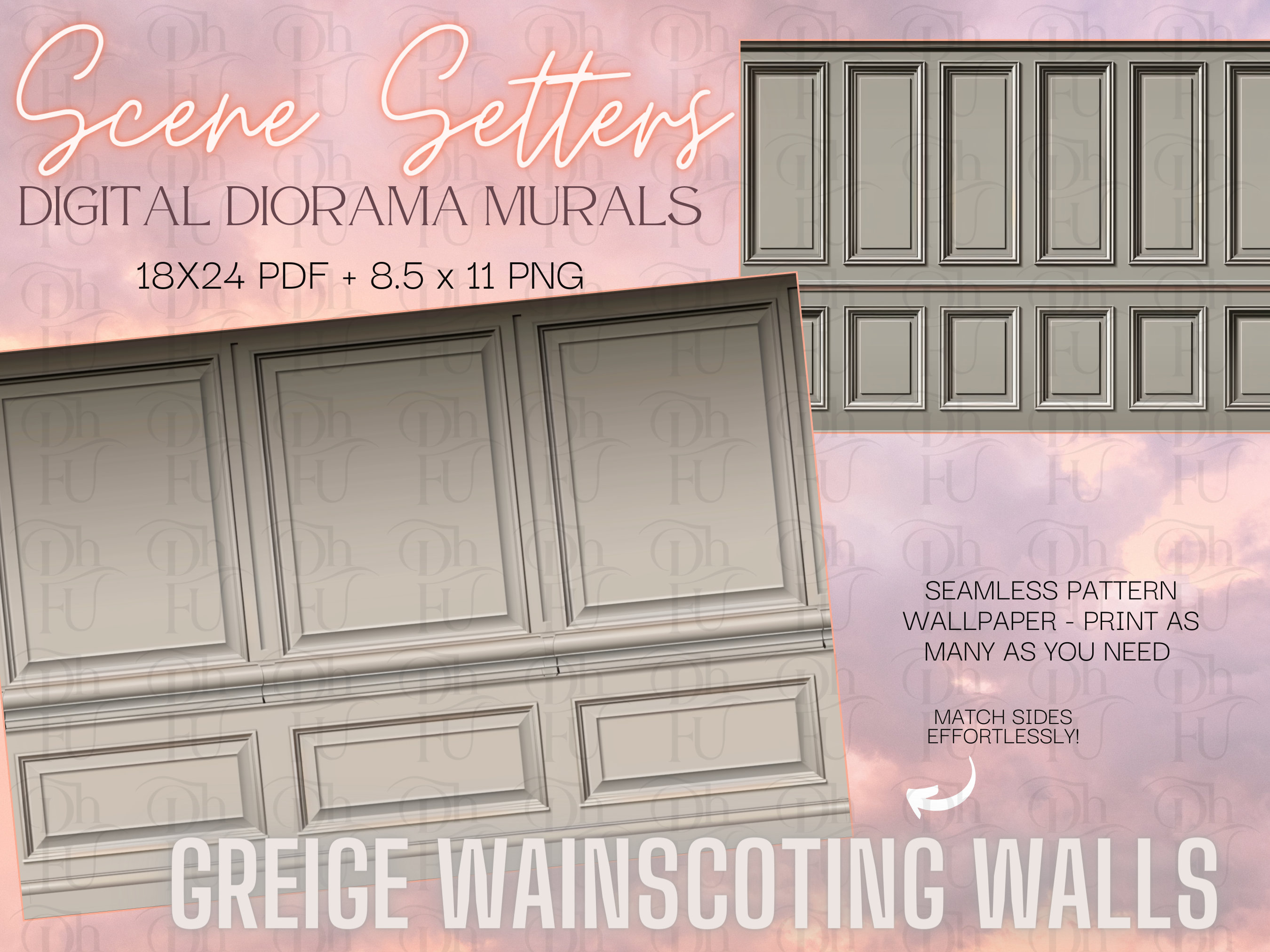 Scene Setters- Greige Wainscoting Walls- Doll Diorama Murals- Digital ...