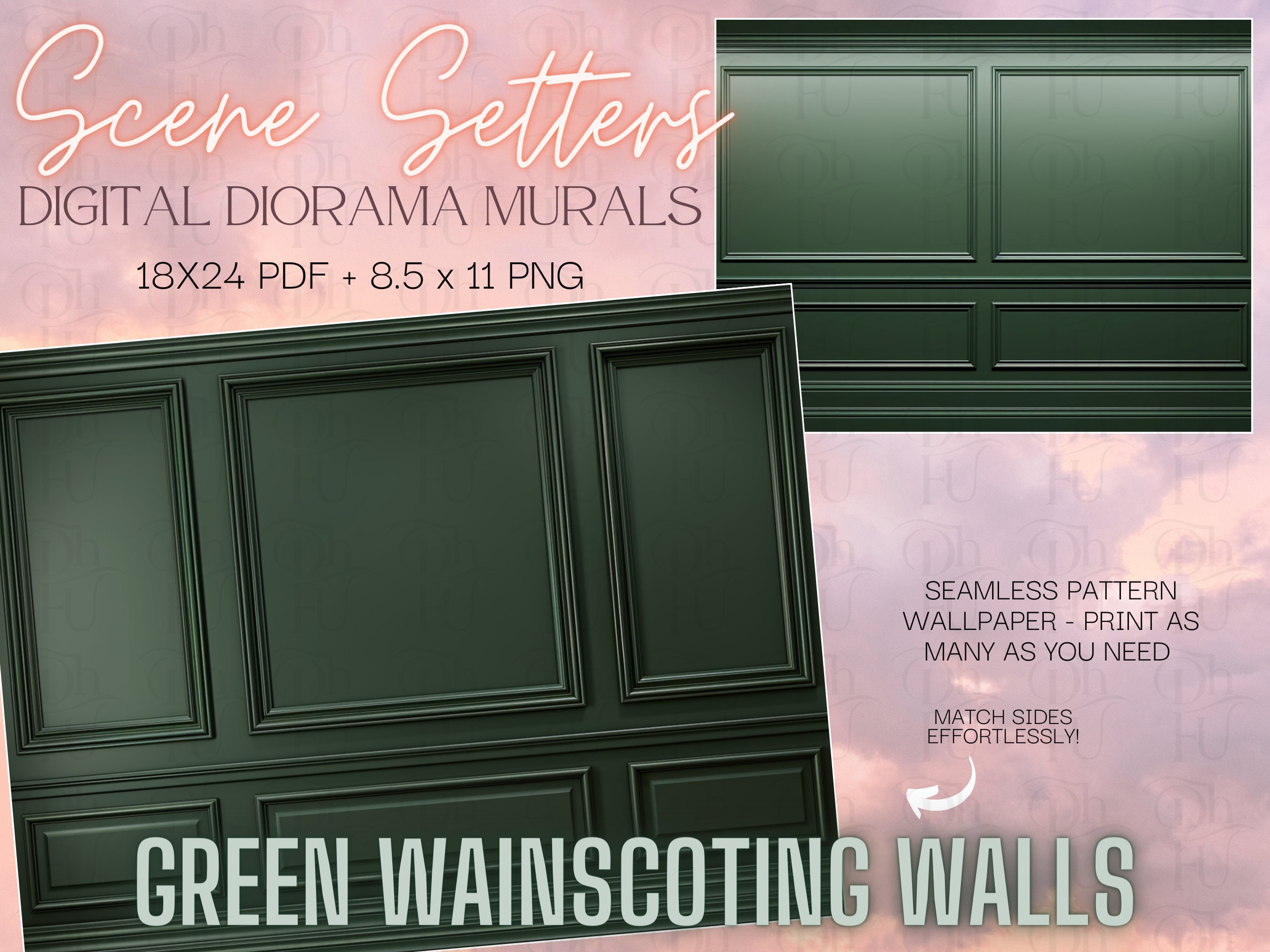 Scene Setters- Green Wainscoting Walls- Doll Diorama Murals- Digital ...