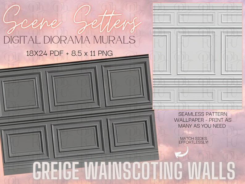 Scene Setters- Greige Wainscoting Walls- Doll Diorama Murals- Digital ...