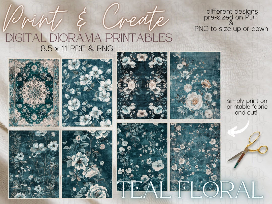 Teal Floral Rugs- Print and Create- Printable Dollhouse Rugs - Diorama ...