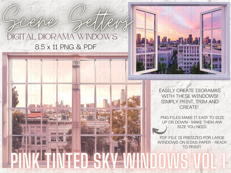 Pink Tinted Sky Windows Vol 1- PNG & PDF- Scene Setters -doll Diorama ...